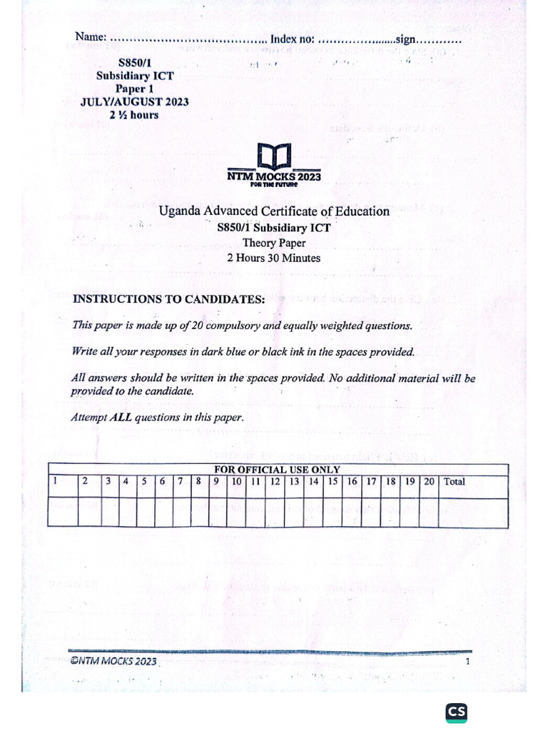 NTM Mock 2023 UACE Subsidiary ICT Paper 1 | PDF