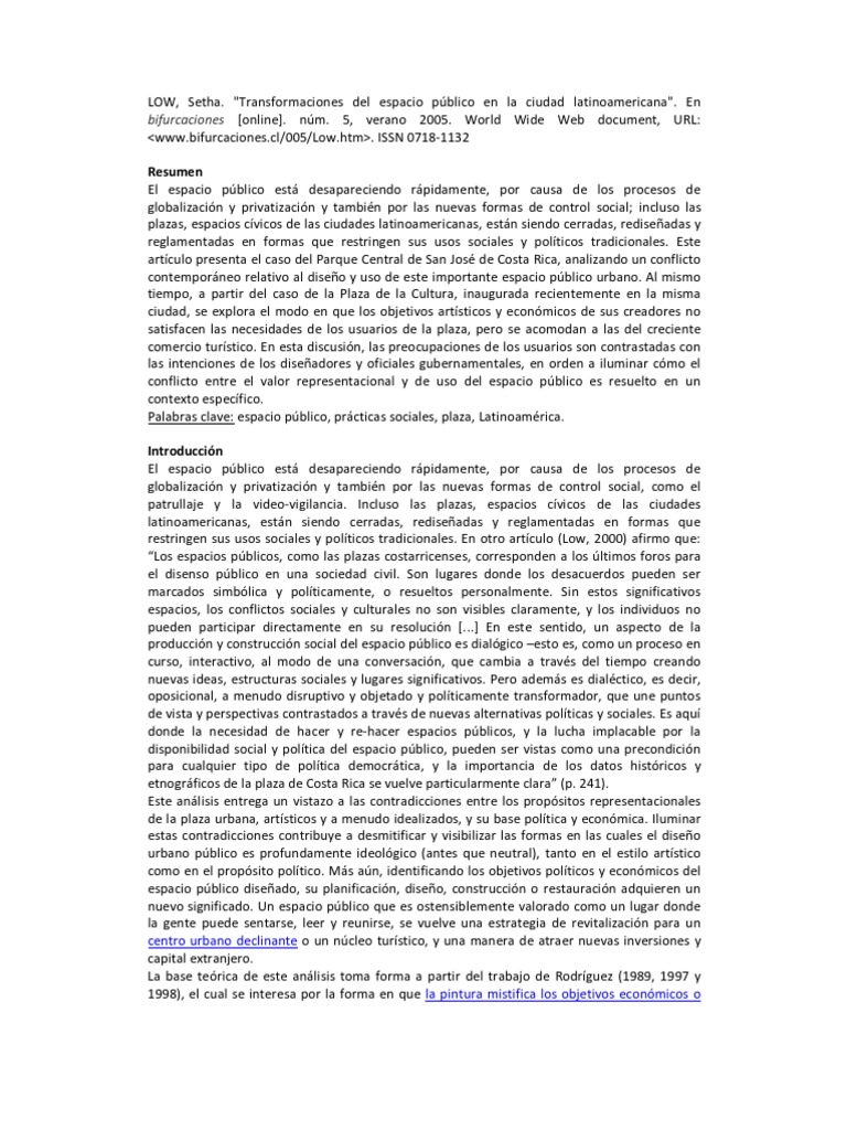 Setha Low Transformaciones Del Espacio Público en La Ciudad ...