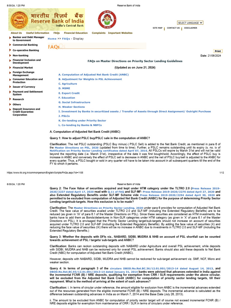 FAQs on Priority Sector Lending Guidelines | PDF | Banks | Reserve Bank ...