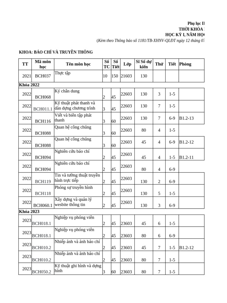 Thời Khóa Biểu HK1!24!25 CQ Chuẩn Gui Sv | PDF