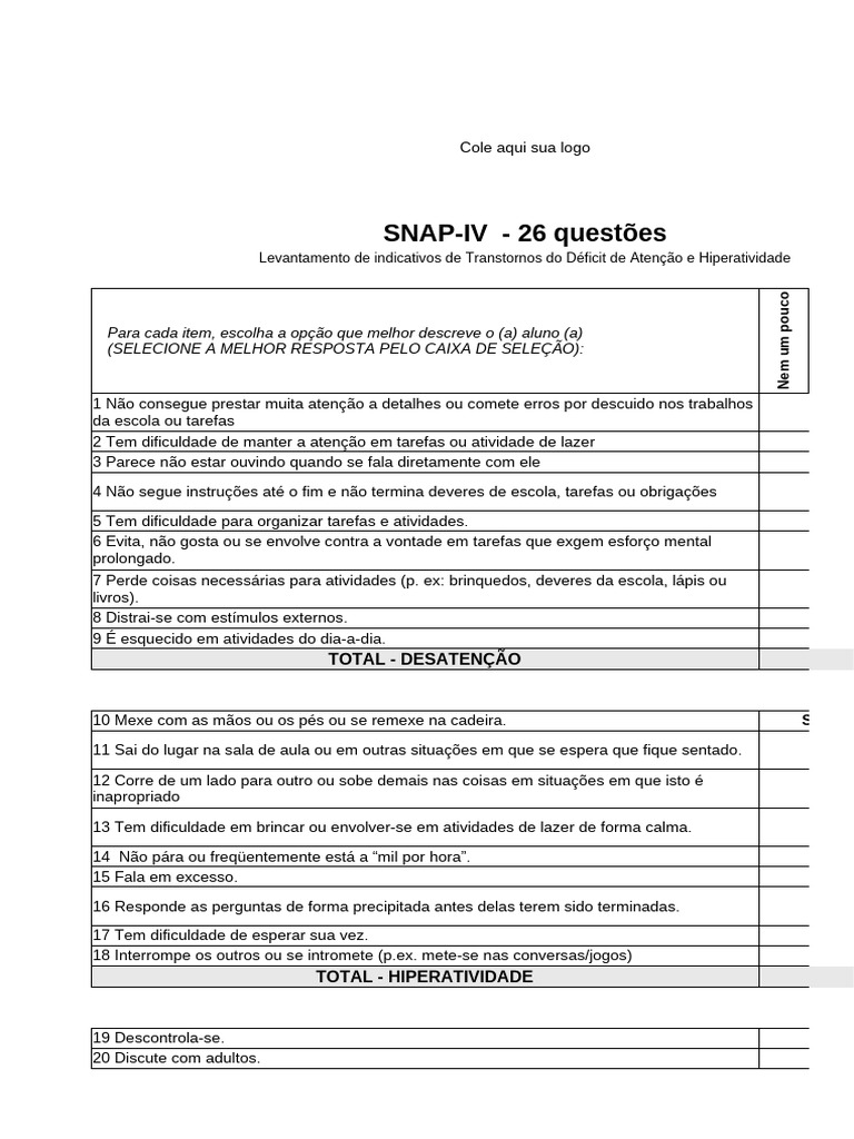 Planilha Automática Snap IV | PDF | Transtorno de déficit de atenção e ...