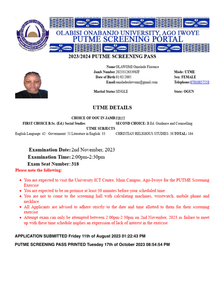 2023-2024 Putme Screening Pass | PDF