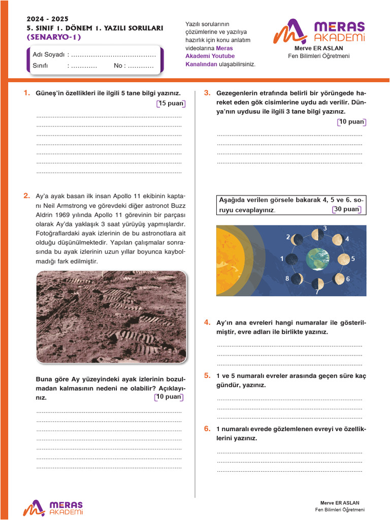 5.sinif Fen Bilimleri 1. Donem 1. Yazili Meras Akademi | PDF