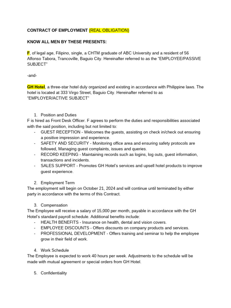 Front Desk Officer Employment Contract | PDF | Employment | Business Law