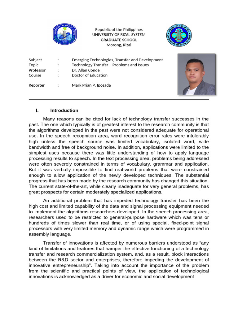Technology Transfer Problems and Issues-Mark Prian Iposada | PDF ...