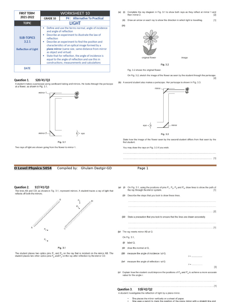 Grade 10 Light Reflection Worksheet | PDF