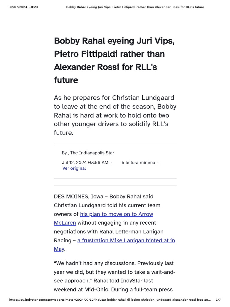 Bobby Rahal Eyeing Juri Vips, Pietro Fittipaldi Rather Than Alexander Rossi For RLL's Future ...