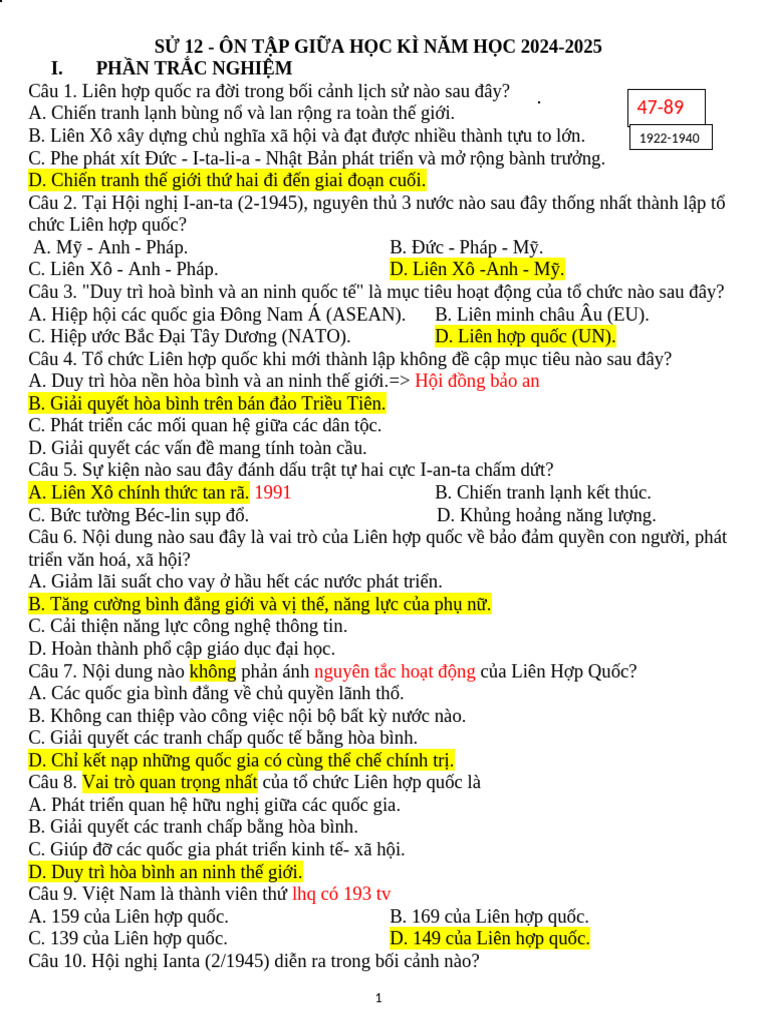 ĐỀ CƯƠNG SỬ 12, GK1 | PDF