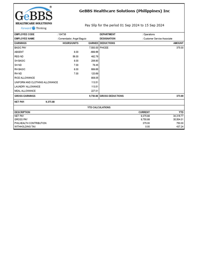 Payslip 2024SEP1 | PDF