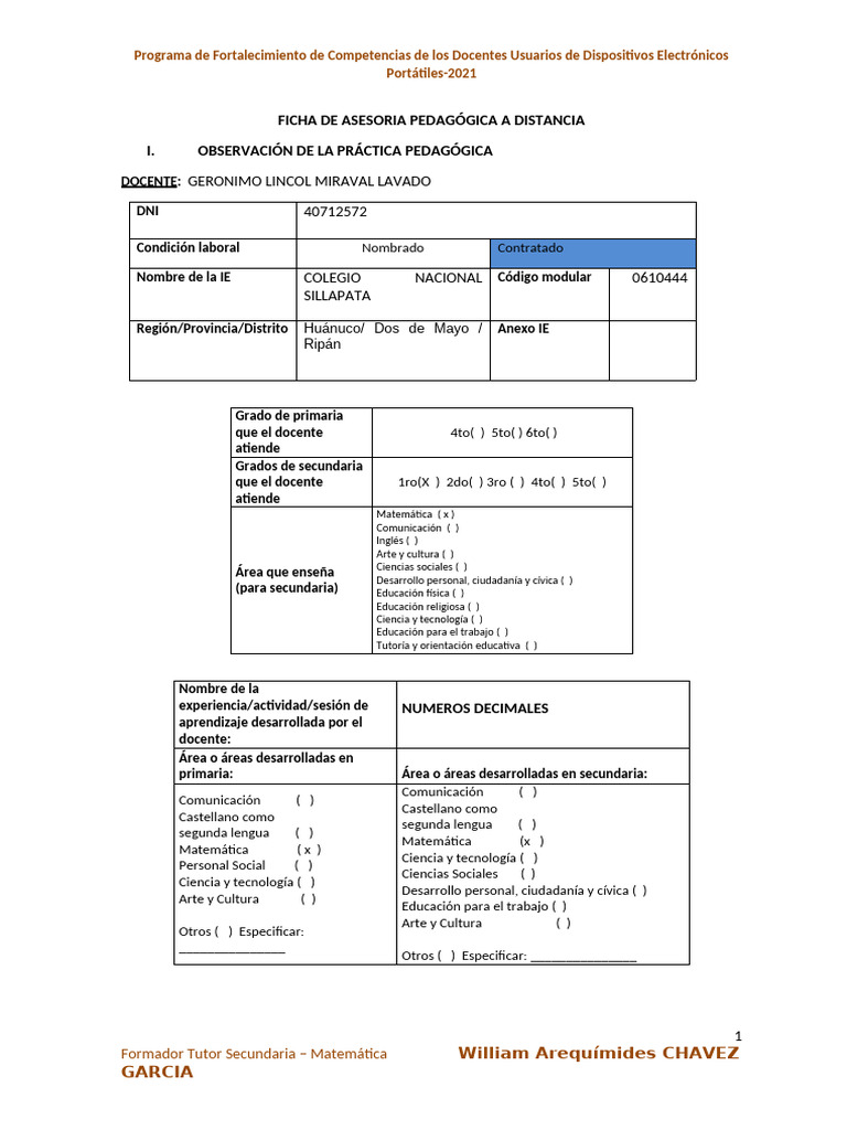 Geronimo Sillapata Ficha Asesoria Pedagógica A Distancia - FT | PDF | Evaluación | Tableta