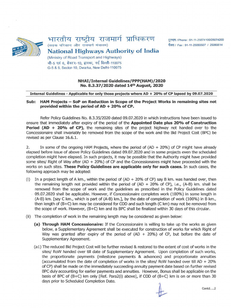 8.3.37 Dt. 14.08.2020 Circular Reduction in Scope For HAM Project ...