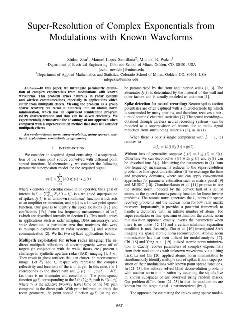 Super-Resolution of Complex Exponentials From Modulations With Known Waveforms | PDF | Radar ...