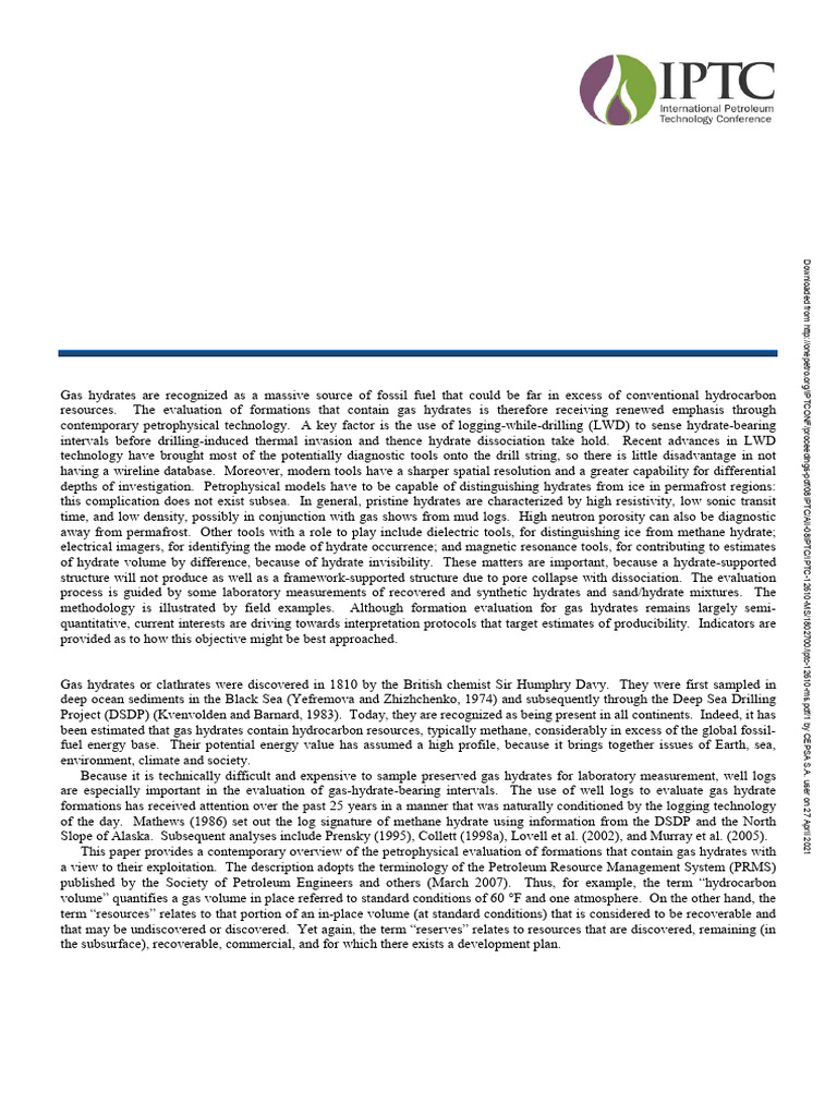Iptc-12610-Ms Petrophysical Evaluation of Gas Hydrate Formations | PDF | Porosity | Methane