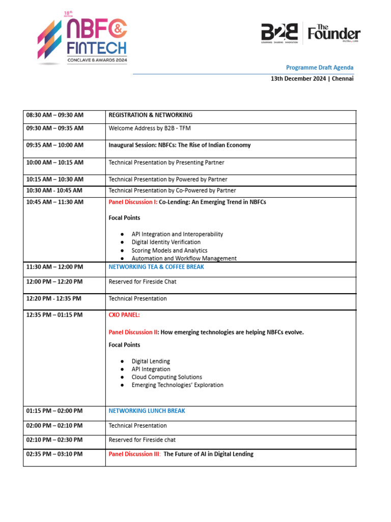 Programme Draft Agenda - 18th NBFCs and Fintech Conclave & Awards | PDF ...