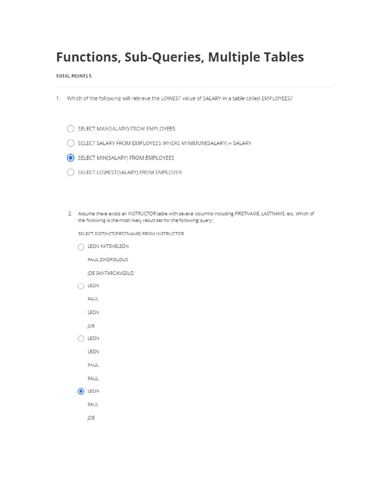 Quiz - Functions, Sub-Queries, Multiple Tables | PDF