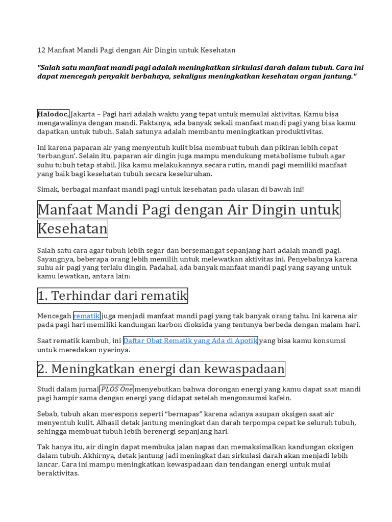 12 Manfaat Mandi Pagi Dengan Air Dingin Untuk Kesehatan | PDF ...