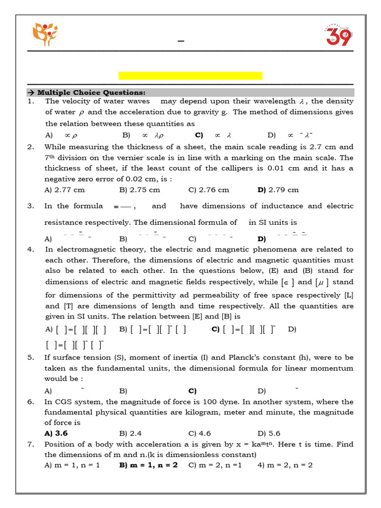Units & Dimensions, Errors IIT Work Sheet 2024-25 | PDF | Velocity | Force
