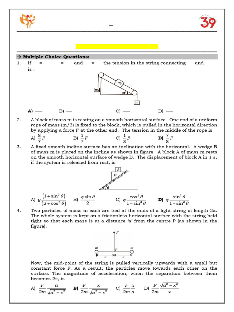Newtons Laws of Motion IIT Work Sheet 2024-25 | PDF | Force | Tension (Physics)