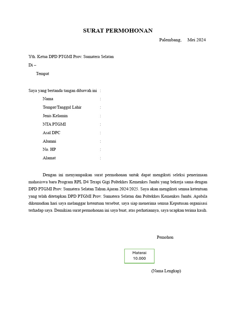 SURAT PERMOHONAN RPL Calon Mahasiswa Gel 2 | PDF