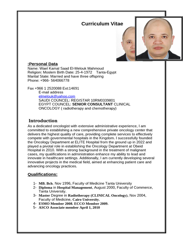 CV DR Wael Elmelouk 2024 | PDF | Oncology | Cancer