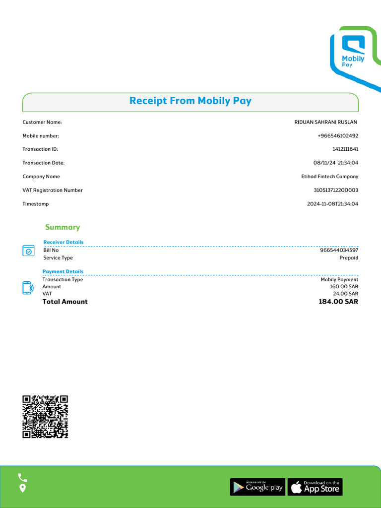 Receipt From Mobily Pay: Total Amount 184.00 SAR | PDF