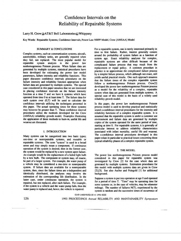 Confidence Intervals On The Reliability of Repairable Systems | PDF | Reliability Engineering ...