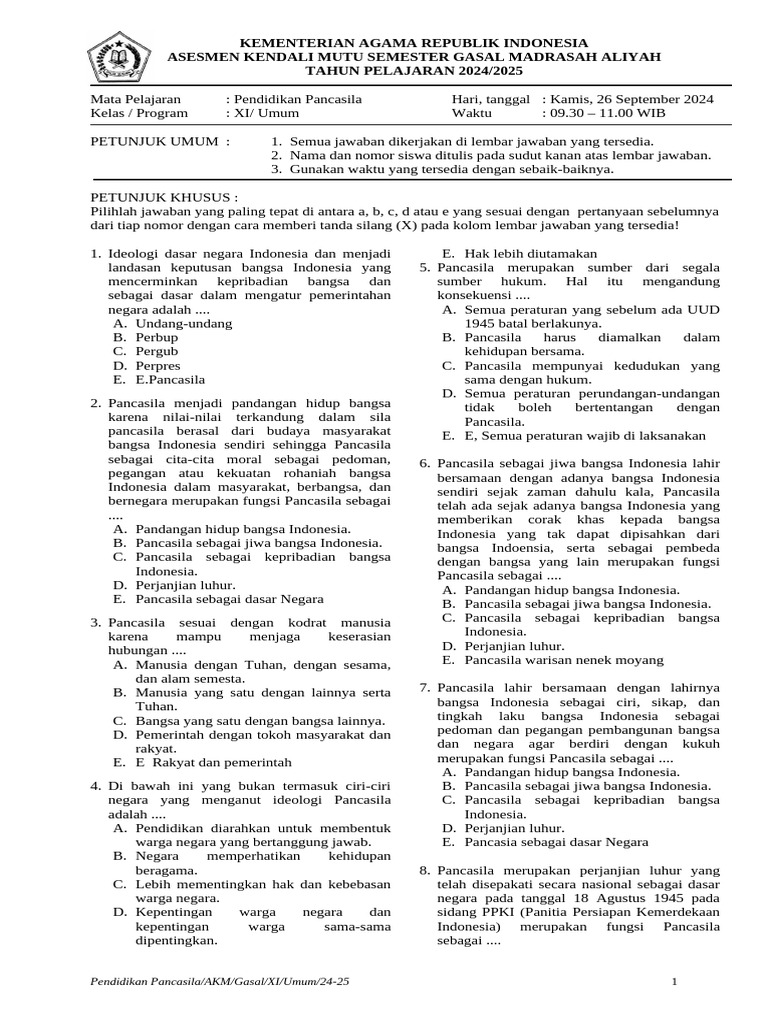 Soal Xi Pendidikan Pancasila Akm Gasal 2024 | PDF | Ilmu Sosial