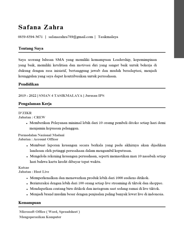 CV SAFANA ZAHRA - 20240419 - 171245 - 0000.pdf - 20240506 - 144538 - 0000 | PDF