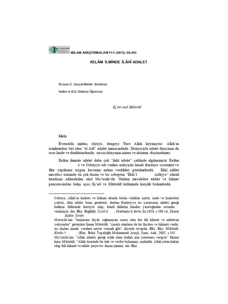 Kelâm İlmi̇nde İlâhî Adalet | PDF