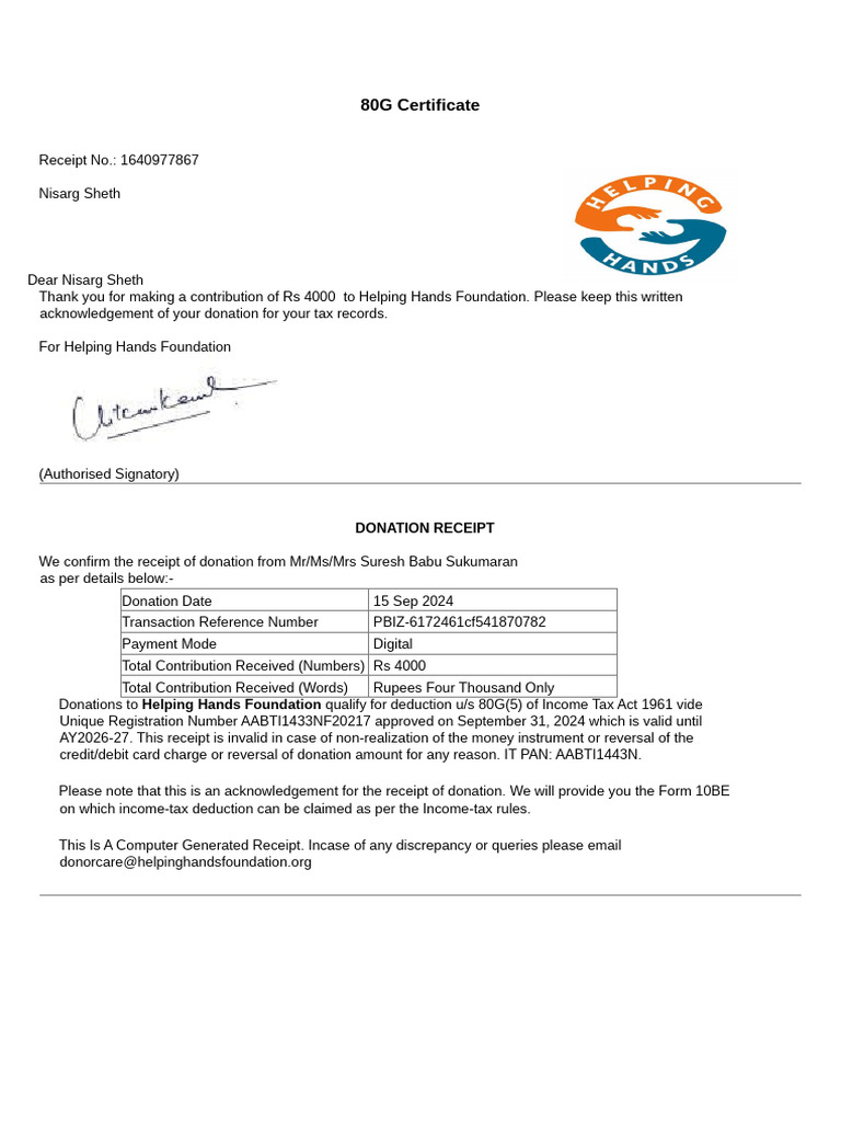 80G Donation Receipt Sample | PDF