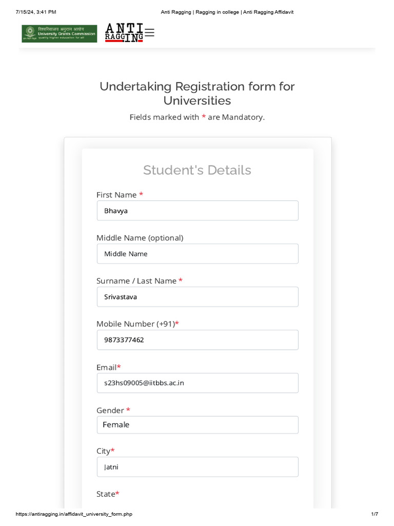 Anti-Ragging Affidavit Registration Form | PDF | Human Rights