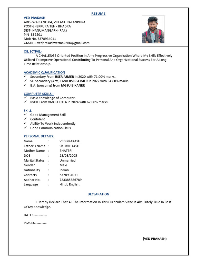 Ved Prakash Resume and Skills Summary | PDF | Wellness