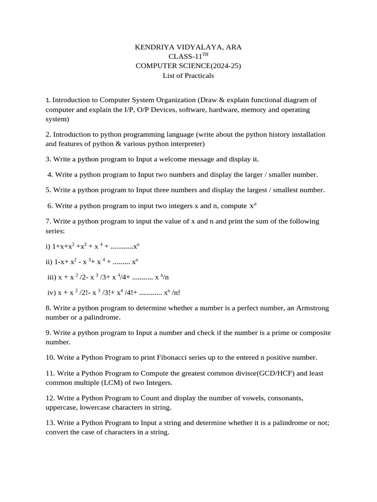 Practical List CS CLASS 11 | PDF