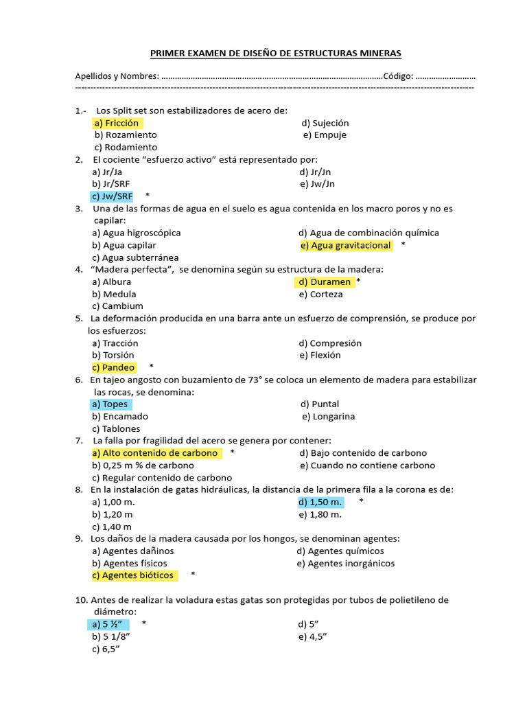 Primer Examen de Diseño de Estructuras Mineras Resuelto | PDF | Ingeniería mecánica | Ingeniería ...