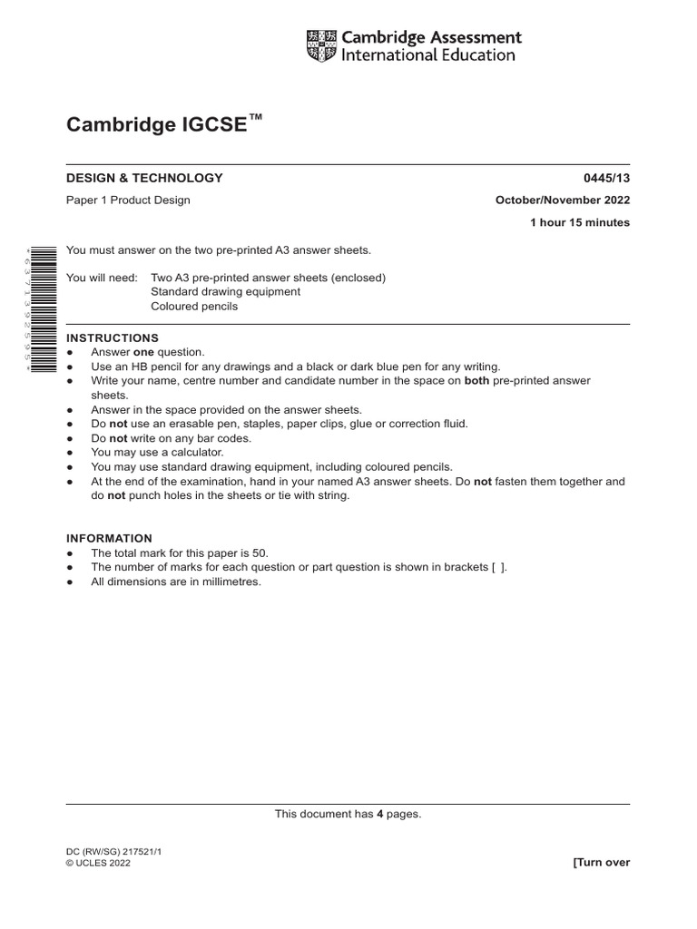 Cambridge IGCSE: Design & Technology 0445/13 | PDF | Art