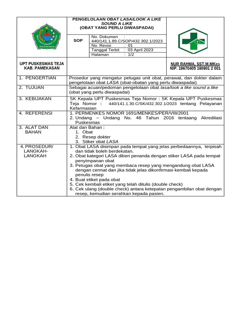 Sop Pengelolaan Obat Lasa | PDF