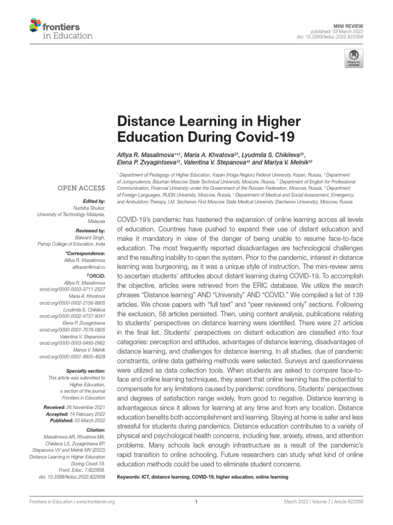 Distance Learning in Higher Education During Covid-19 | PDF ...