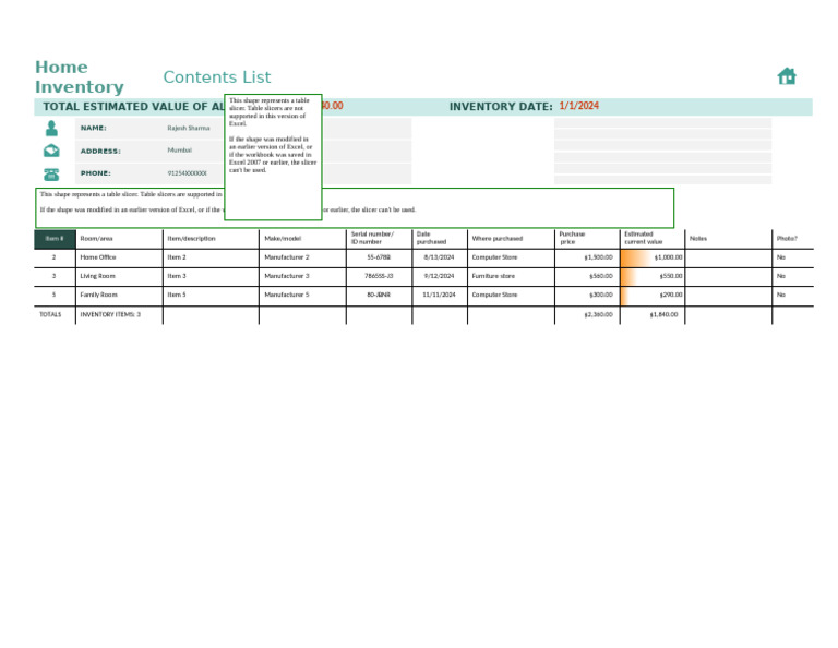 Contents List: Home Inventory | PDF | Microsoft Excel | Computing
