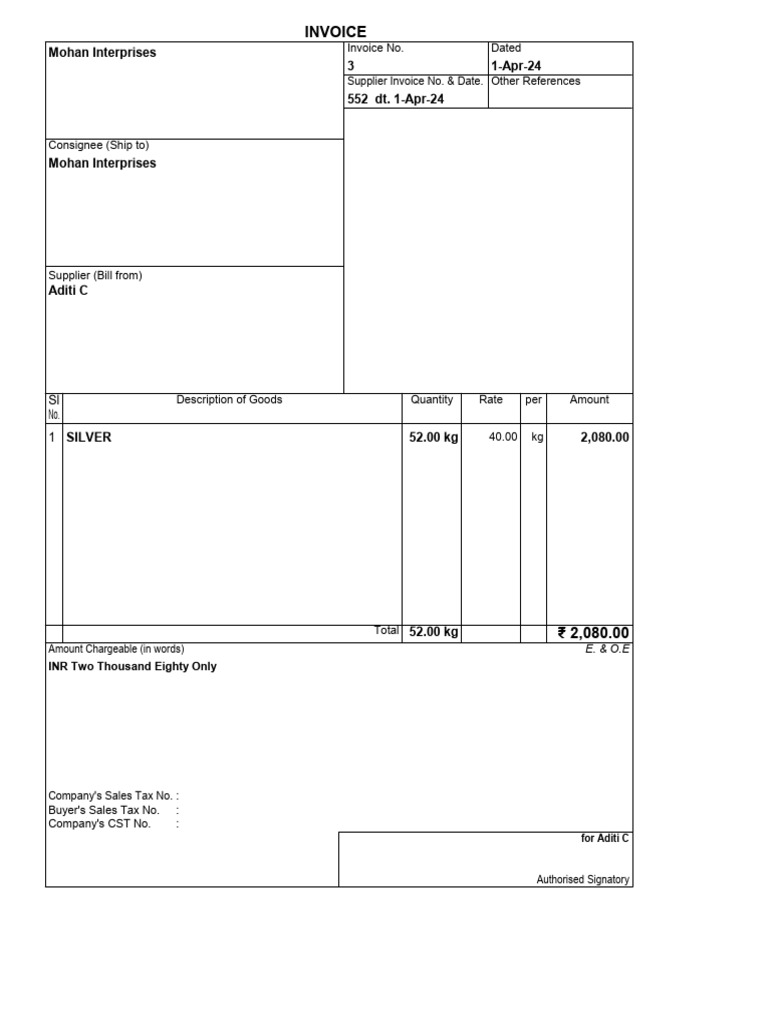 Invoice: Mohan Interprises 3 552 Dt. 1-Apr-24 1-Apr-24 | PDF | Finance & Money Management