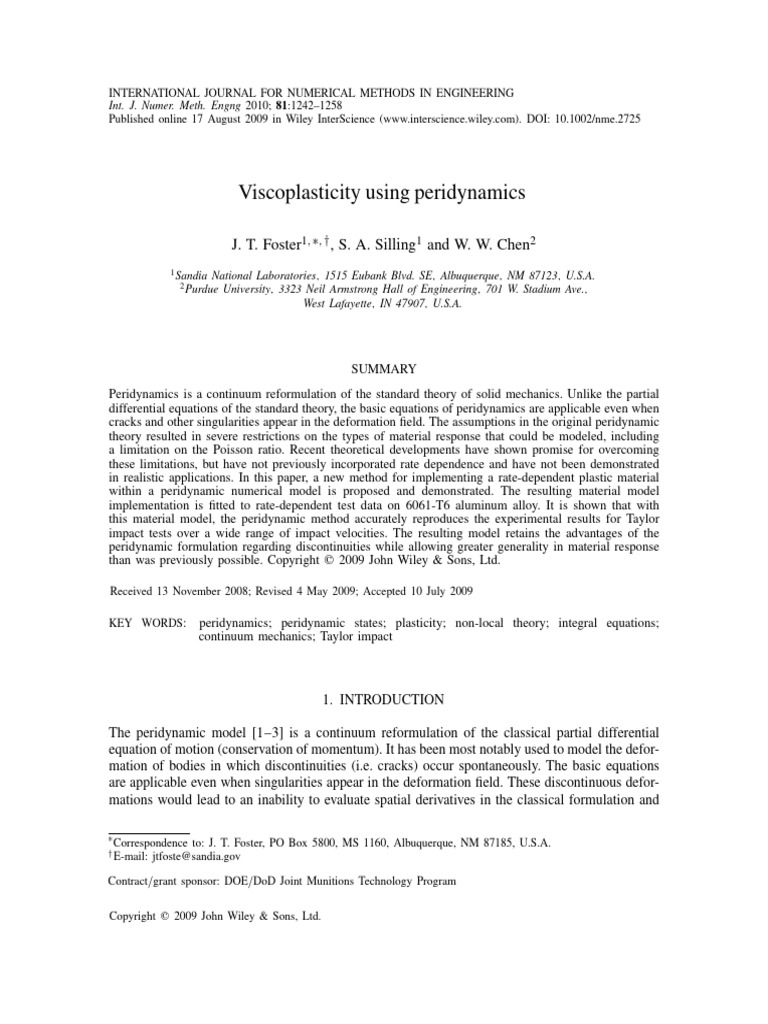 Numerical Meth Engineering - 2009 - Foster - Viscoplasticity Using Peridynamics | PDF | Stress ...