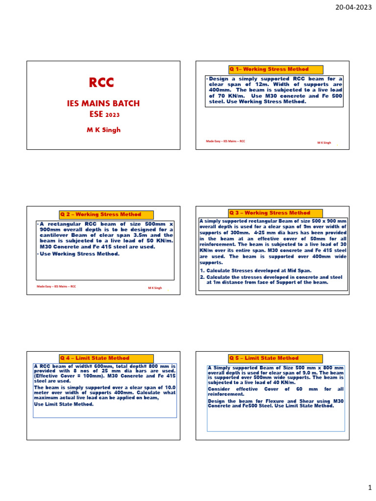 RCC - Questions - ESE Mains Notes | PDF | Beam (Structure) | Bending