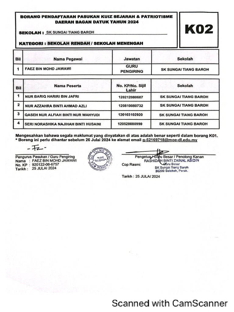 Borang k02 - Kuiz Sejarah SR | PDF