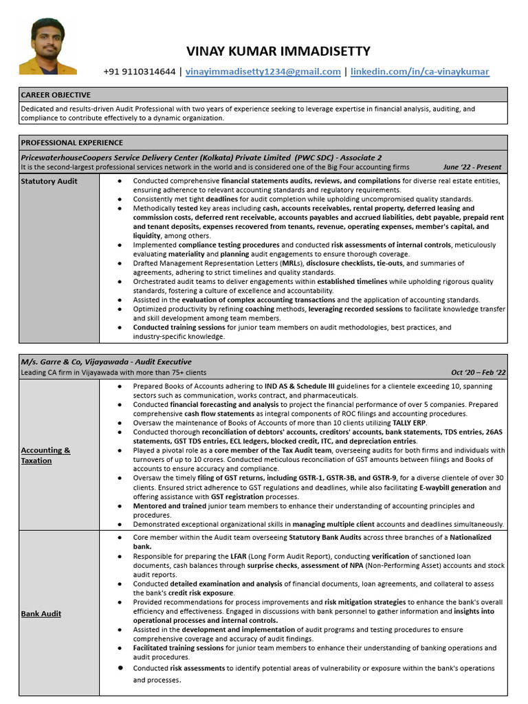 Vinay Kumar - Resume | PDF | Audit | Internal Control