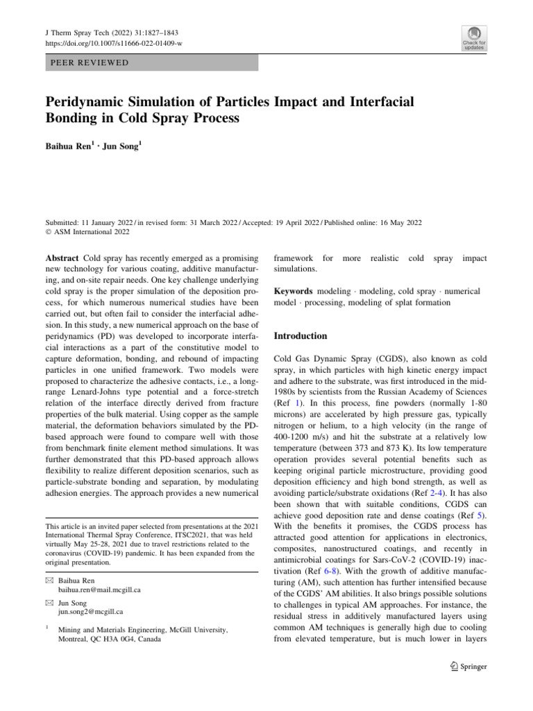 Peridynamic Simulation of Particles Impact and Interfacial Bonding in ...