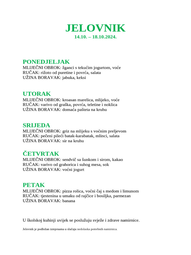 Jelovnik 14.-18.10.2024. | PDF