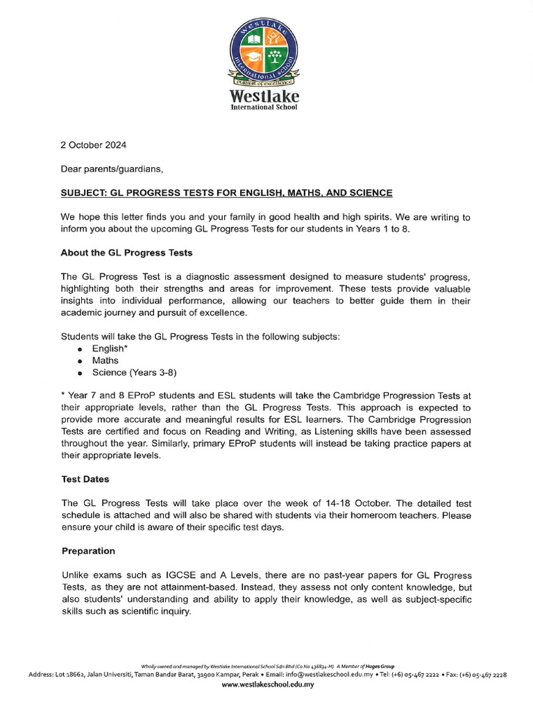 Letter To Parents - GL - Progress - Tests | PDF