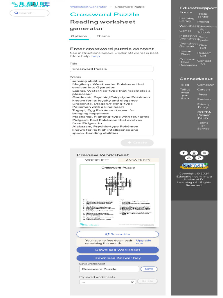 Crossword Puzzle Reading Worksheet Generator | PDF | Nintendo ...