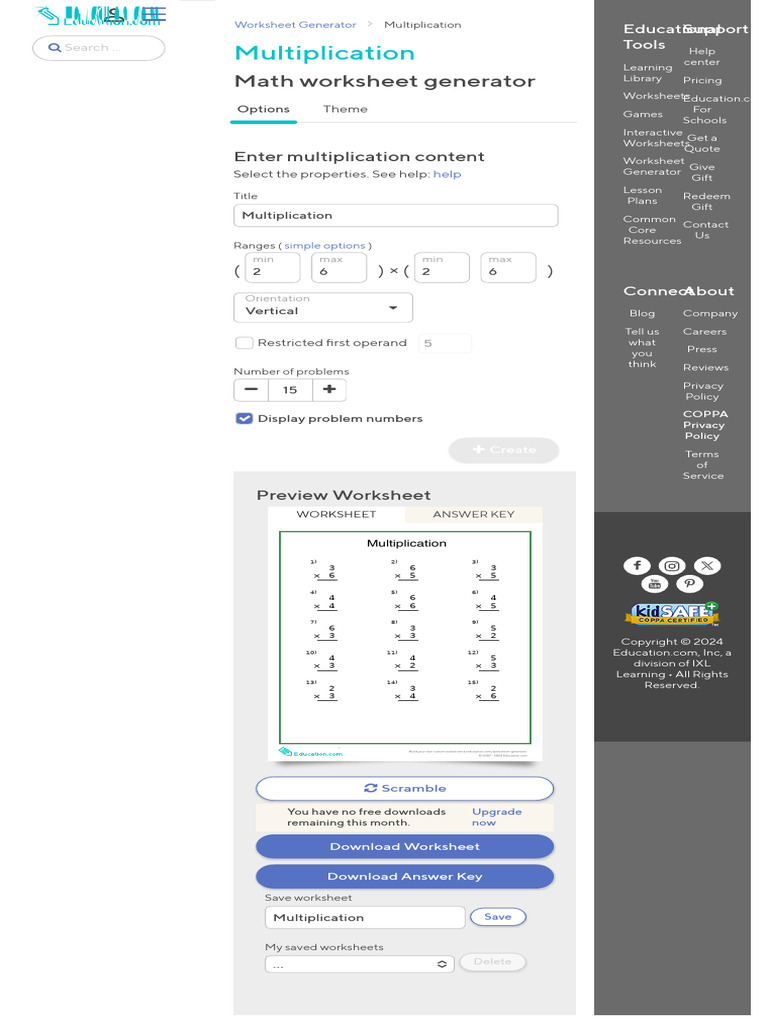 Multiplication Worksheet Generator Education - Com 3 | PDF