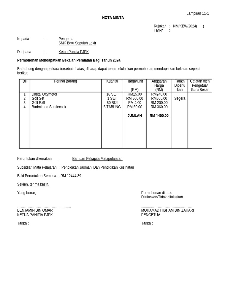 Nota Minta PJPK 2 2024 | PDF
