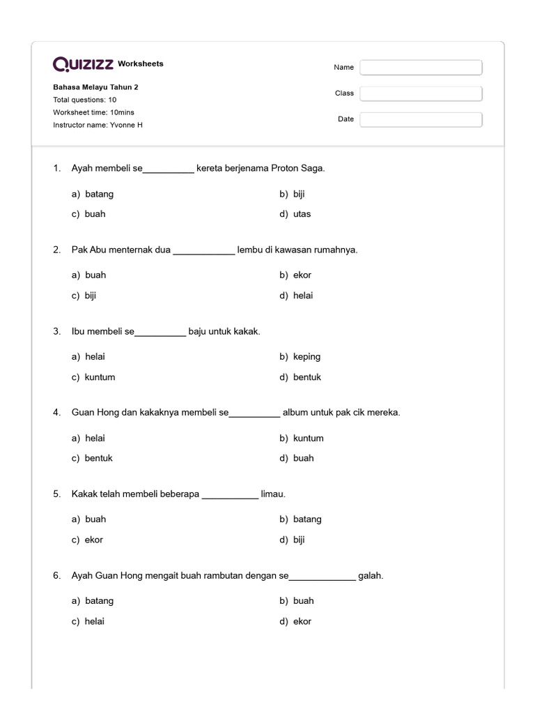 Bahasa Melayu Tahun 2 - Quizizz | PDF